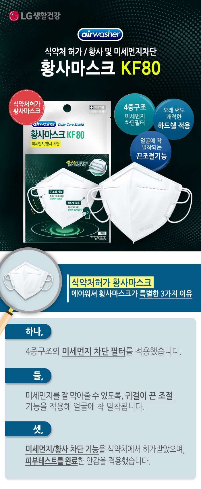 [LG] 에어워셔 데일리케어 쉴드 미세먼지 황사마스크 대형 KF80 1매상품상세_동원몰
